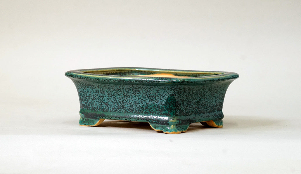 Eimei Rectangle Bonsai Pot in Blue Oribe glaze 6.6"(17cm) E552 +++ Shi ...